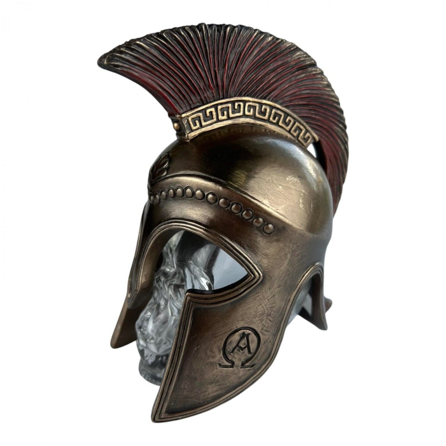 Spartan Helmet on Glass Skull Statue Figure Polystone Bronze Home Decor ...