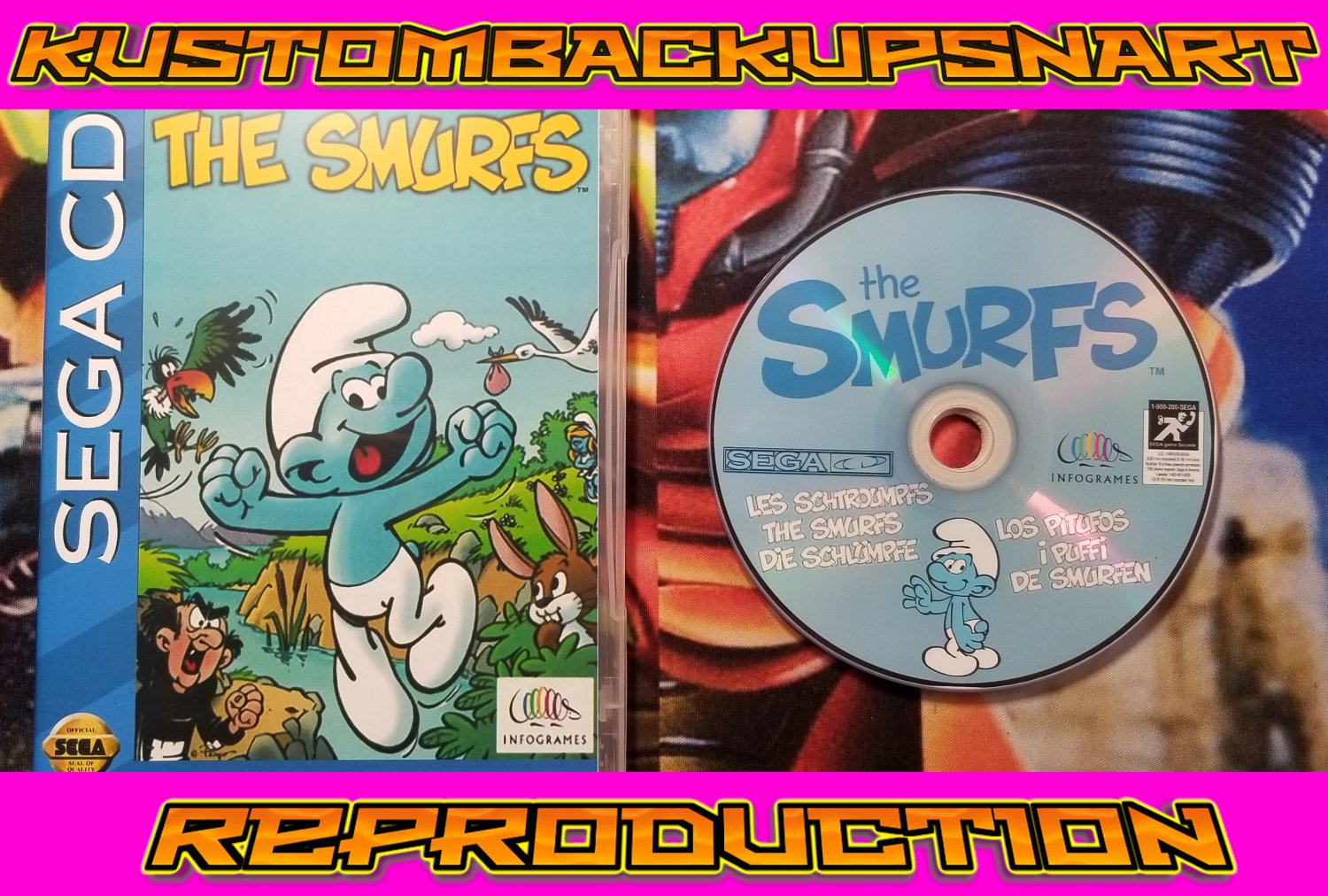Smurfs Custom Reproduction Case and Art Disc for Sega CD