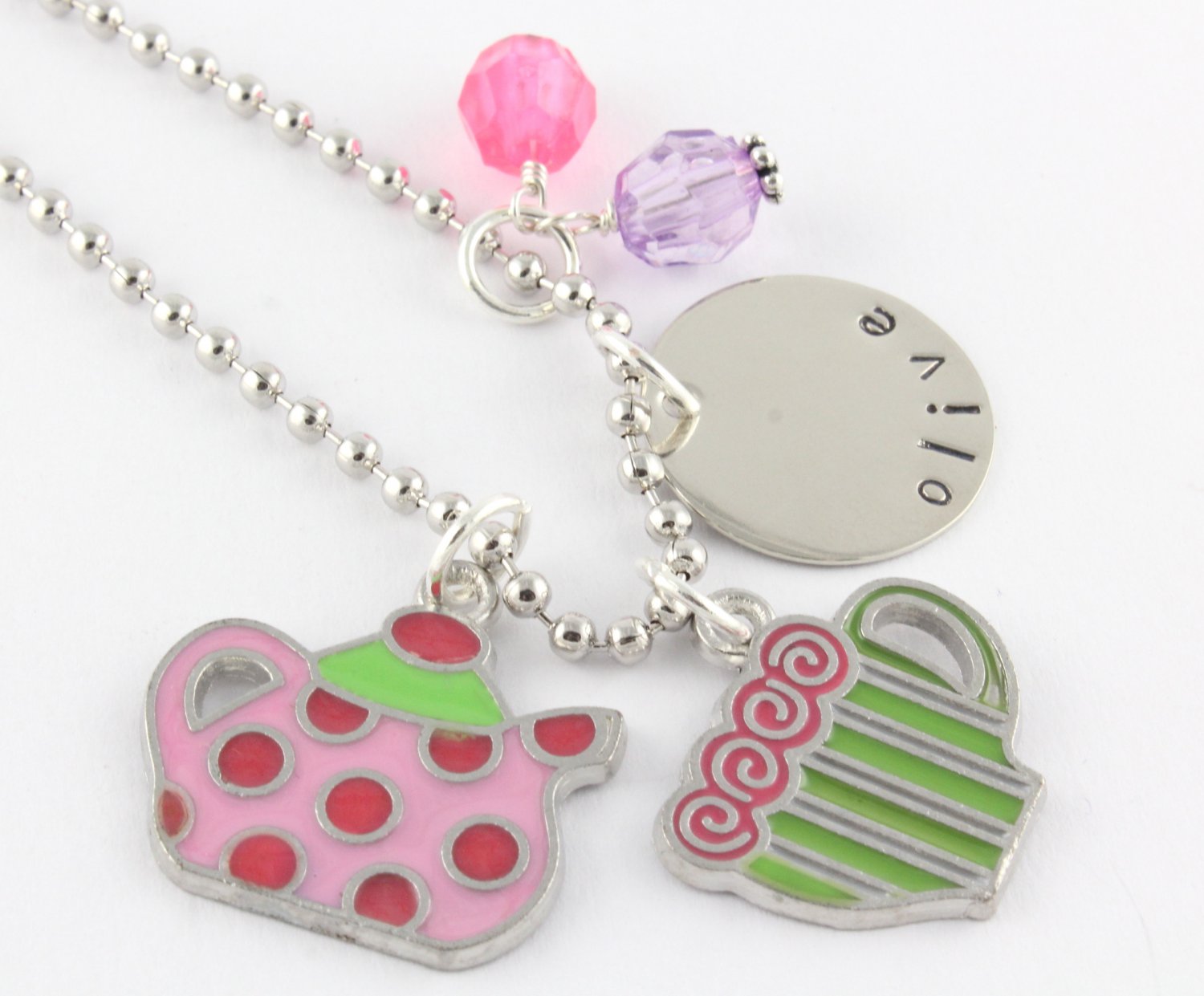 Tea Party Charm Necklace - Custom Personalized Silver Necklace