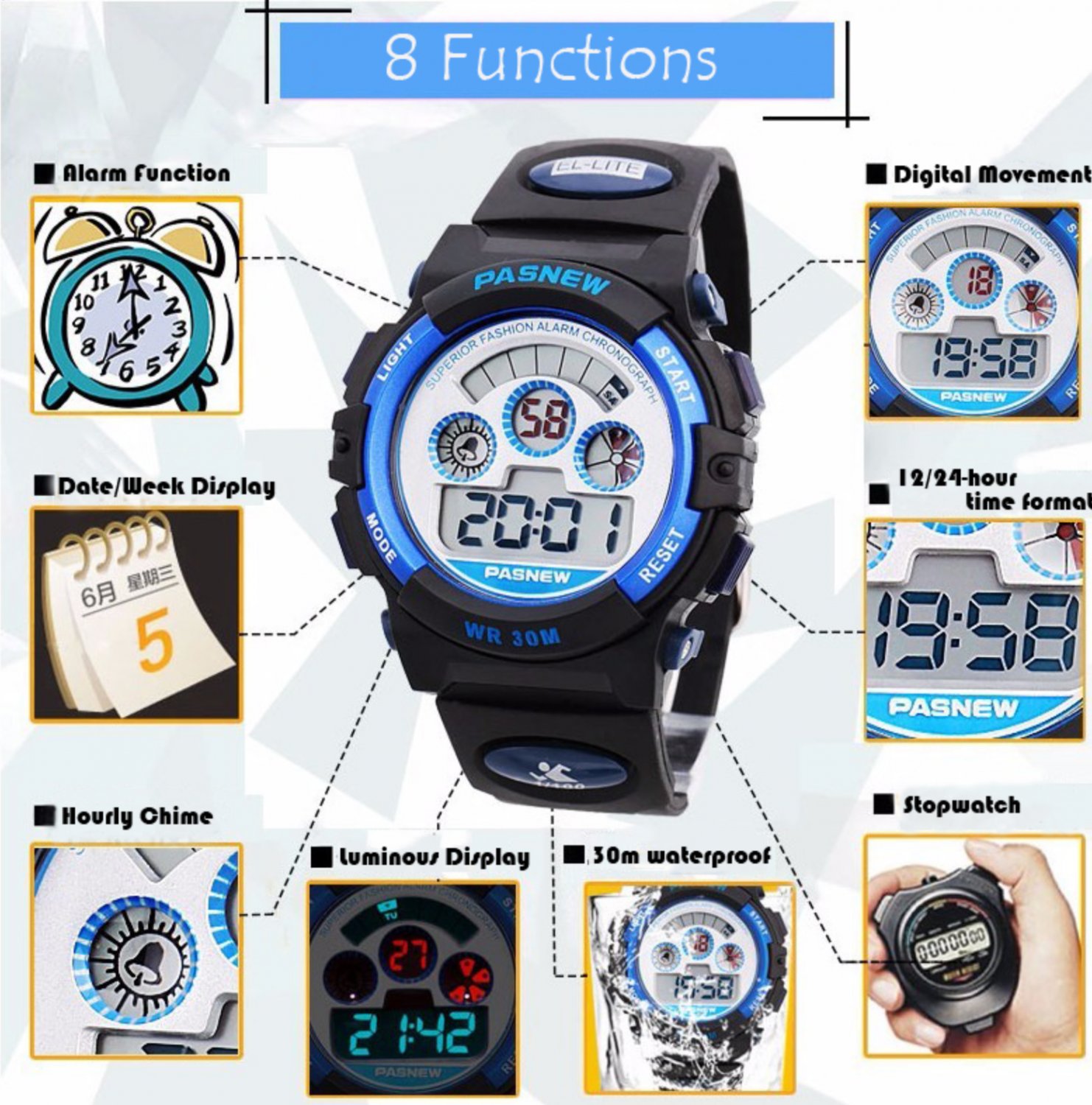 PASNEW Yellow and Black Digital Sport Youth Swim Watch - PSE-279B