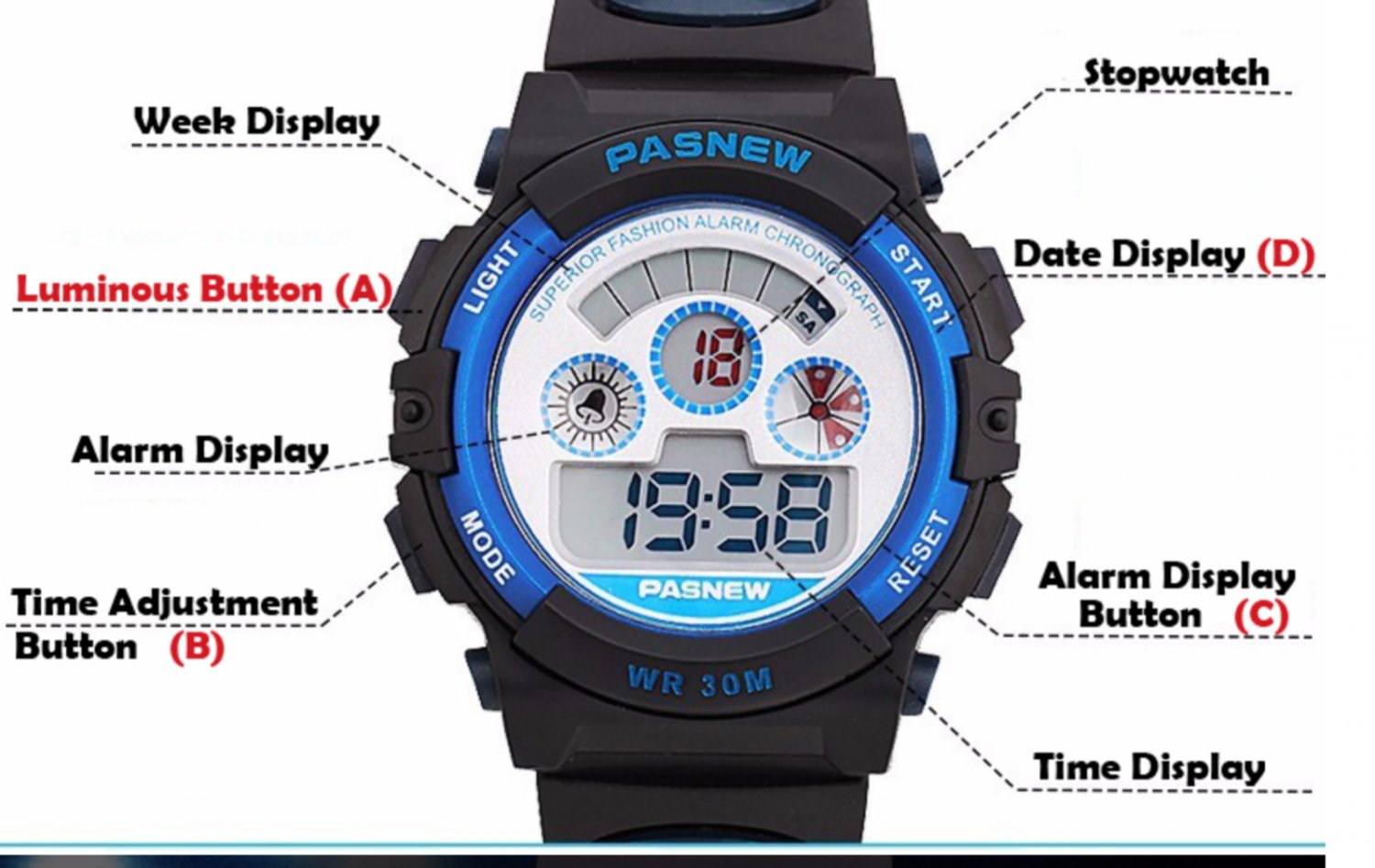 PASNEW Yellow and Black Digital Sport Youth Swim Watch - PSE-279B