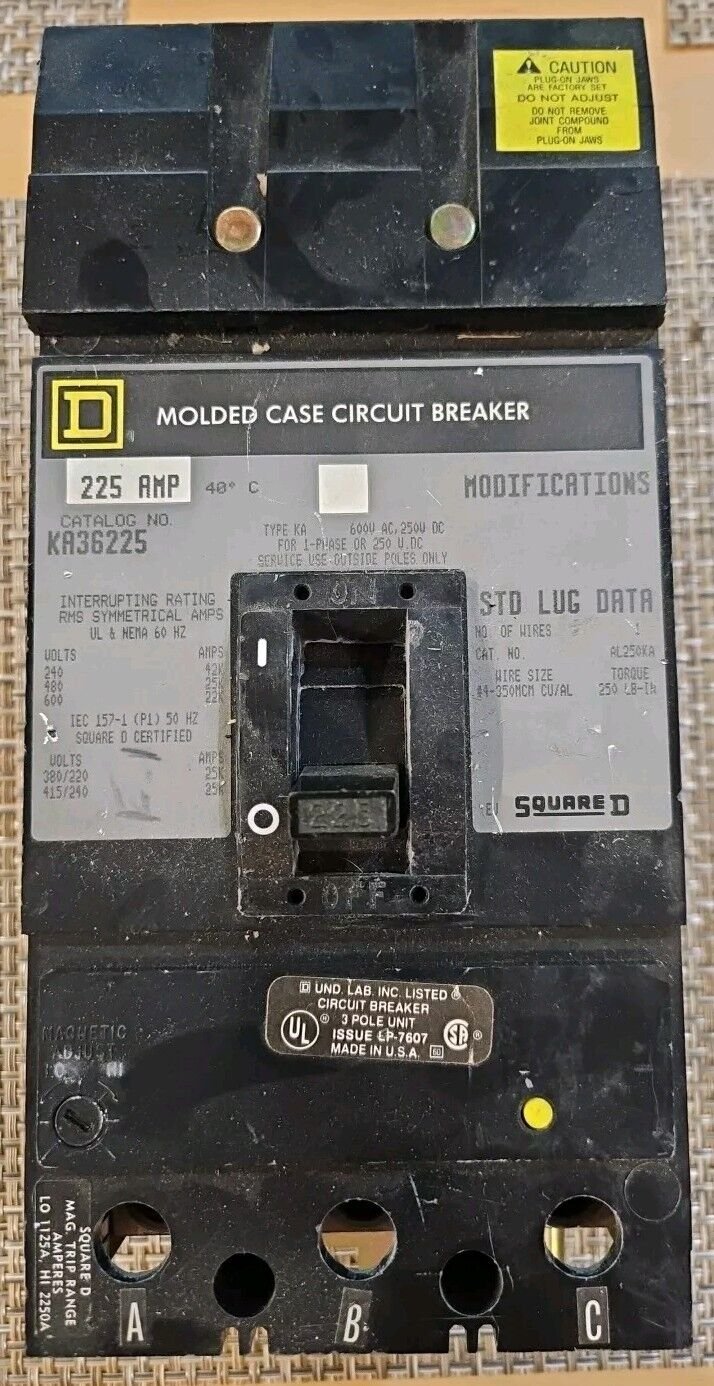 USED Square D Certified KA36225 Molded Case Circuit Breaker 225A 600V ...