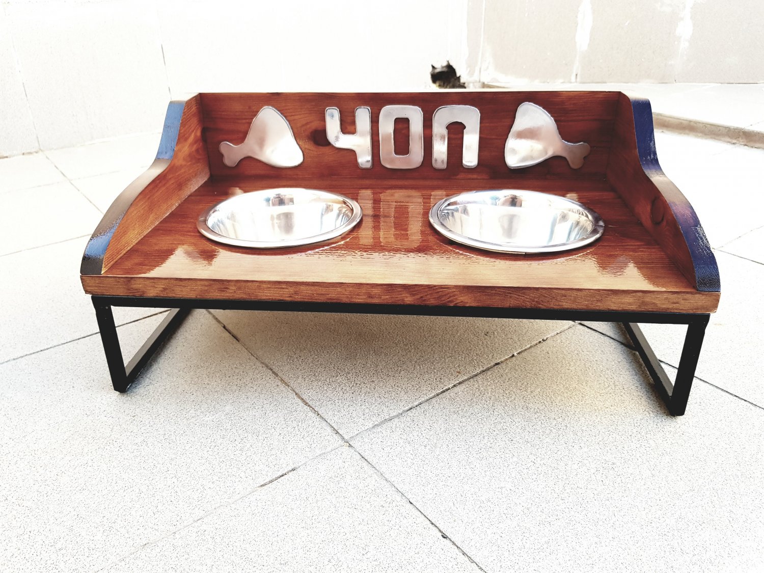 Modern loft dog feeder, personalized bowl stand for pets Size S