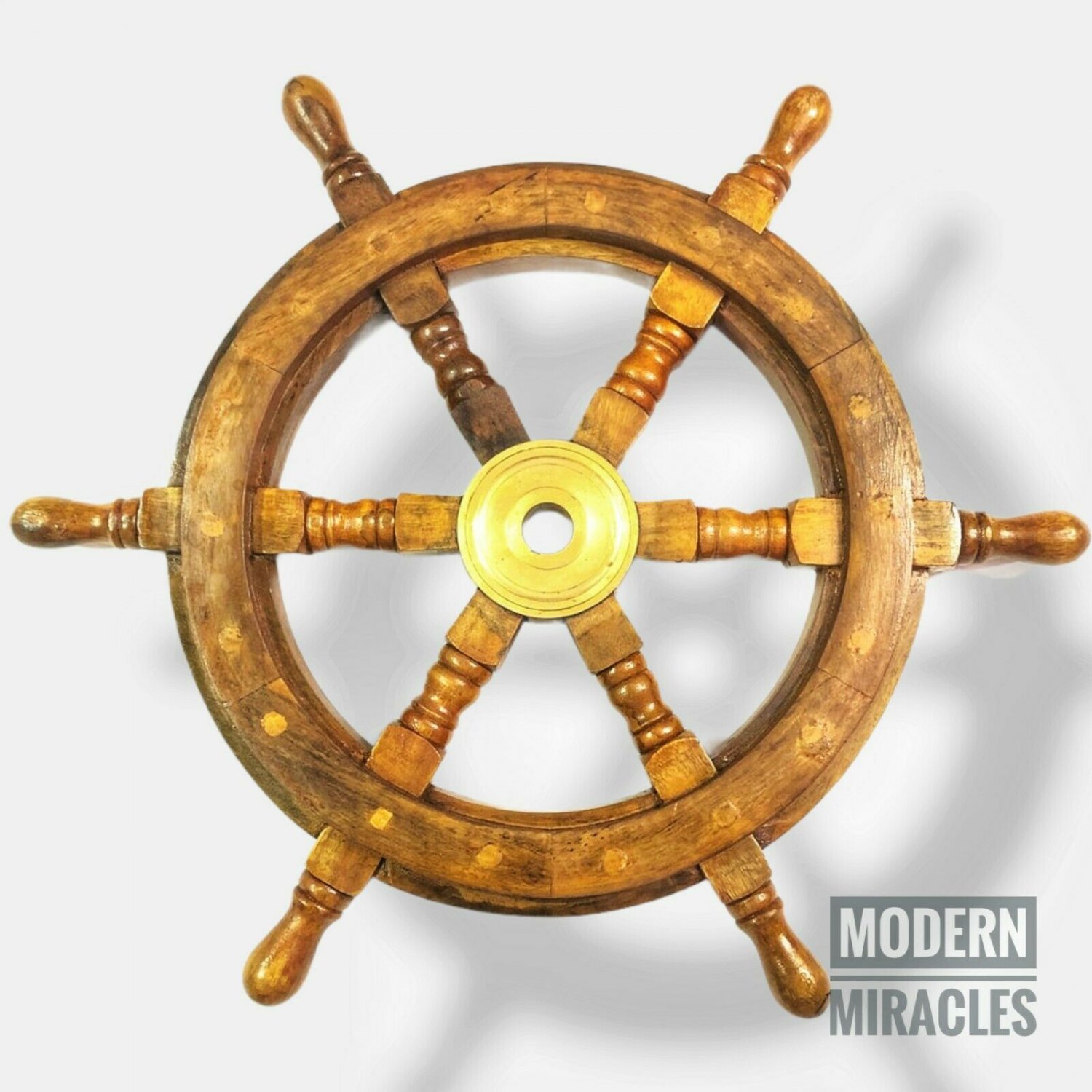 18"Nautical Wooden Ship Steering Wheel Pirate Decor Wood Brass Fishing ...