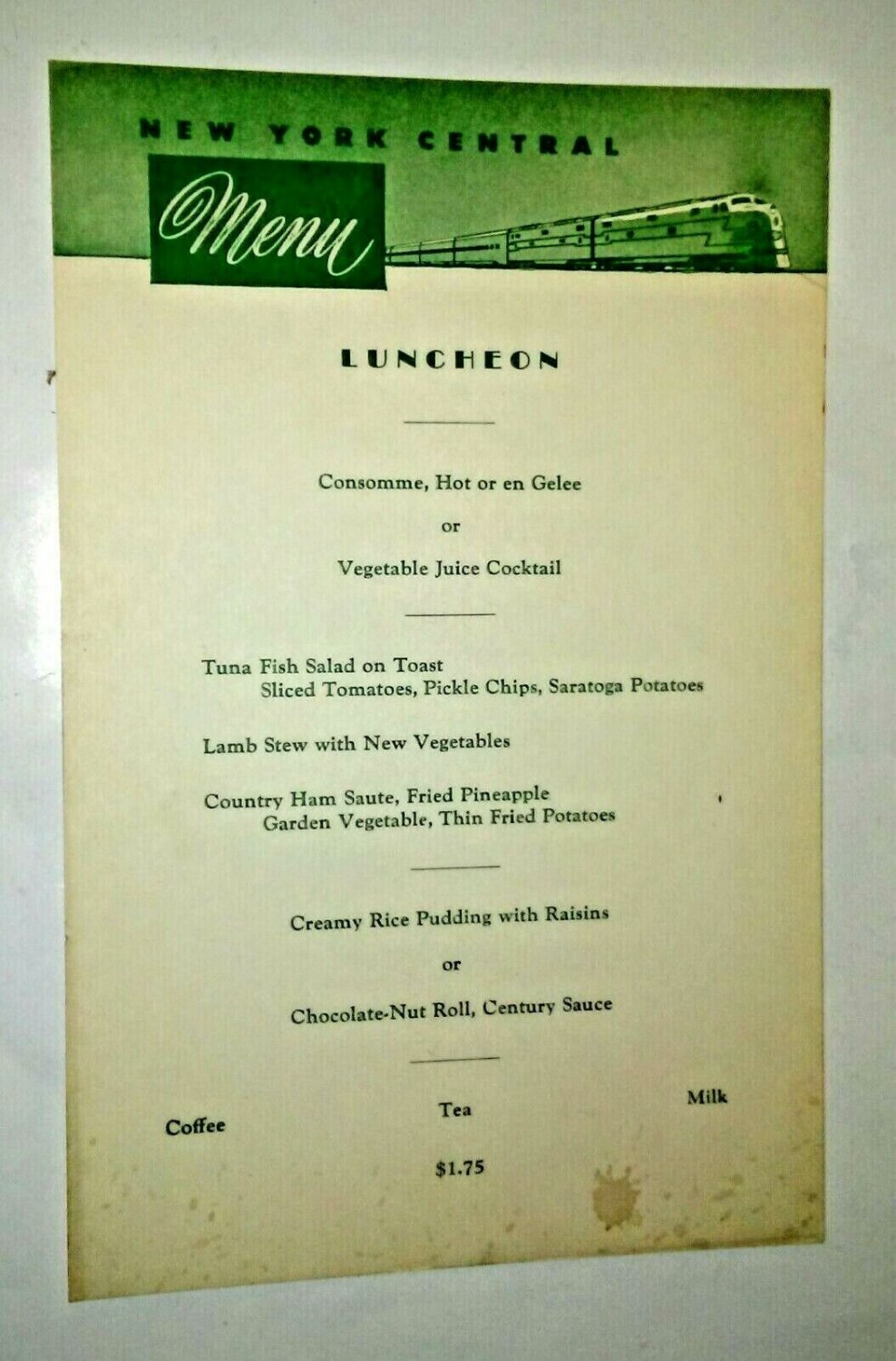 NEW YORK CENTRAL RAILROAD 1950 LUNCHEON MENU GREEN