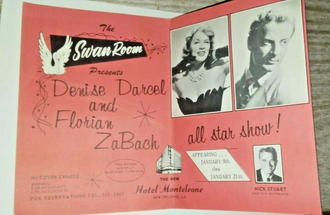 Hotel Monteleone New Orleans LA 1950 SWAN ROOM EVENT CARD Denise Darcel ...