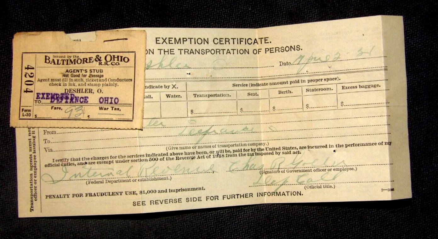 Baltimore and Ohio Railroad Ticket & Tax Exemption Certificate 1921 Lot ...