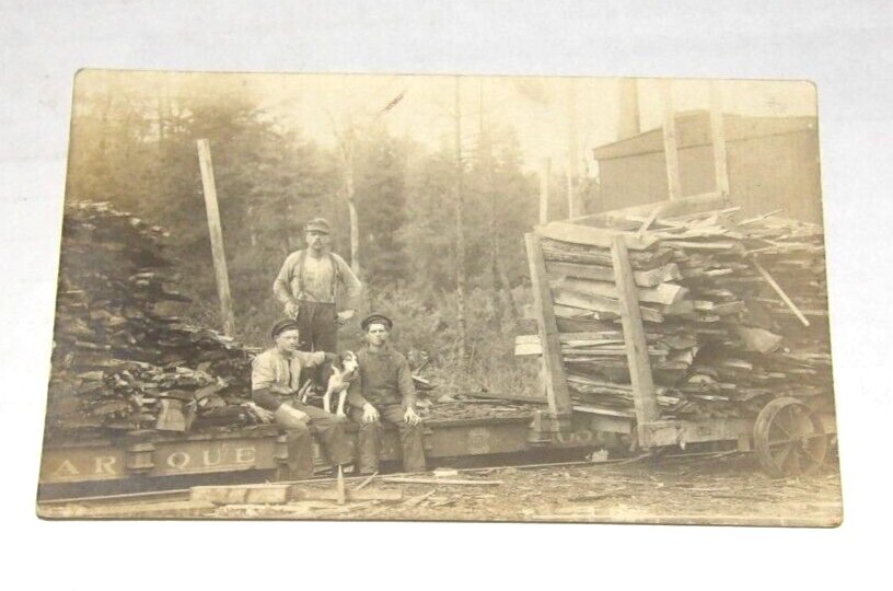 RPPC Michigan Logging Railroad Car Flats Three Men and a Dog 1910 Postcard