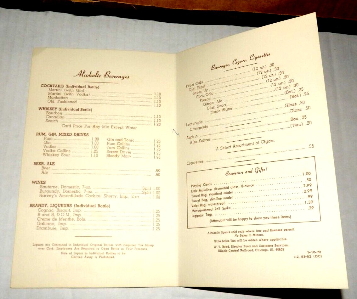Illinois Central Panama Limited 1970 Menu Lounge Car Bar Beverage