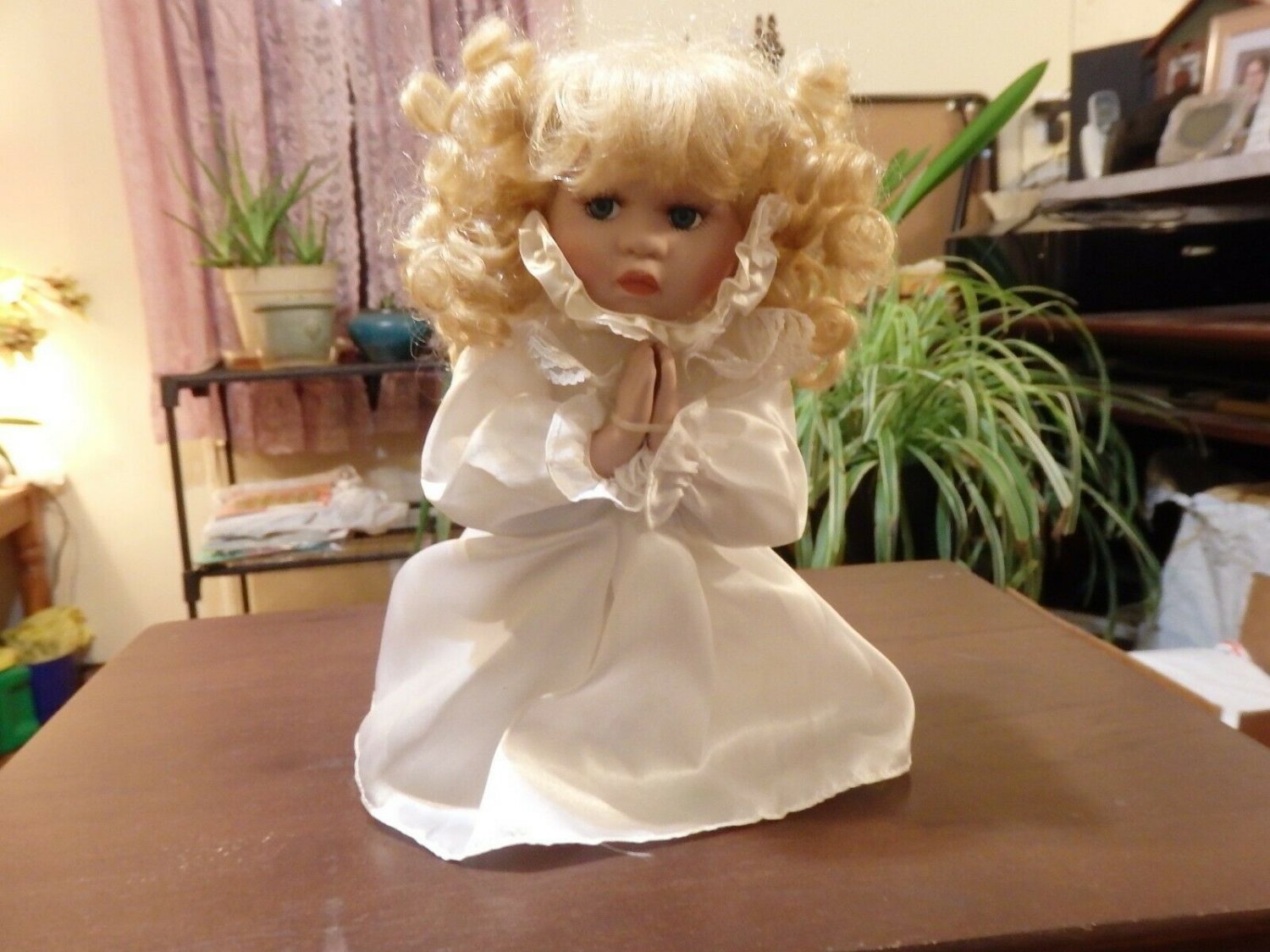 Vintage Porcelain Praying Doll Kneeling Blonde Girl Blue Eyes White ...