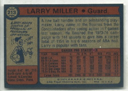 1974-75 Topps Larry Miller # 213 Virginia Squires ABA