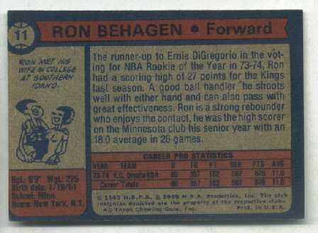 1974-75 Topps #11 Ron Behagen NBA Kansas City - Omaha Kings