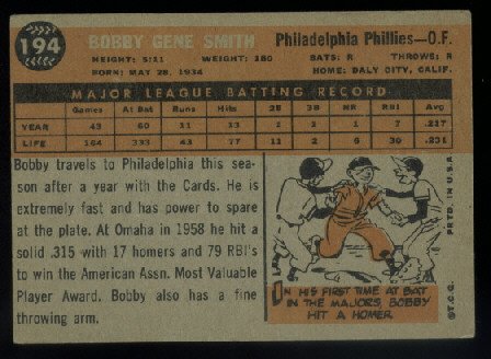 1960 Topps #194 Bobby Gene Smith Philadelphia Phillies