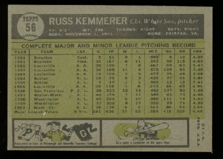 1961 Topps #56 Russ Kemmerer Chicago White Sox baseball card