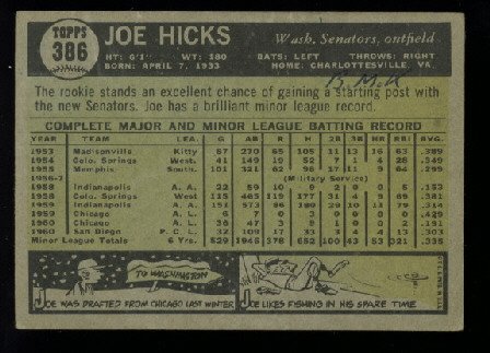 1961 Topps #386 Joe Hicks Washington Senators RC rookie baseball card
