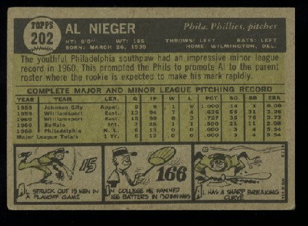 1961 Topps #202 Al Neiger RC Philadelphia Phillies rookie baseball card