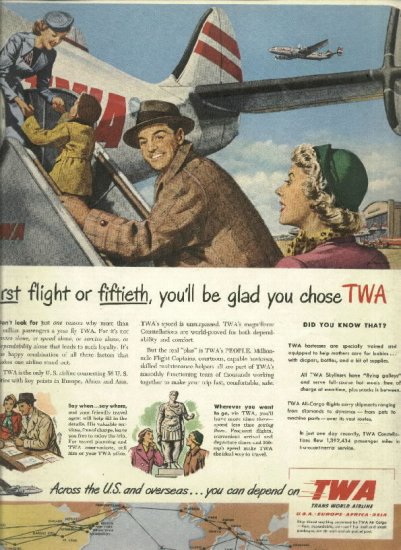1950 TWA magazine ad Trans Word Airlines Family boarding skyliner