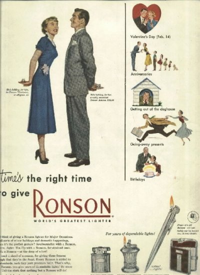 Ronson lighters 1950 magazine ad Anytime's the Right Time 4 models