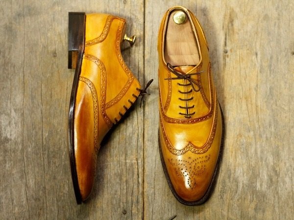 Excelling Tan Wing Tip Genuine Leather Brogues Toe Patina Official ...