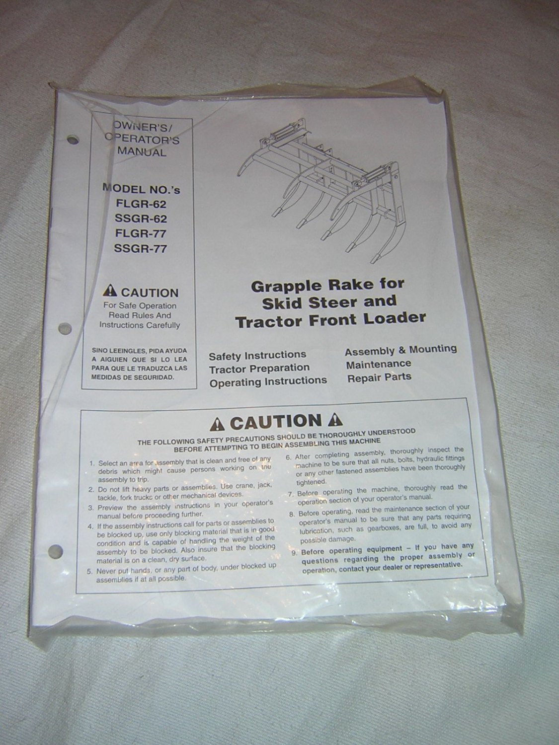 Worksaver Model FLGR-62 Grapple Rake for Skid Steer & Tractor Front Loader