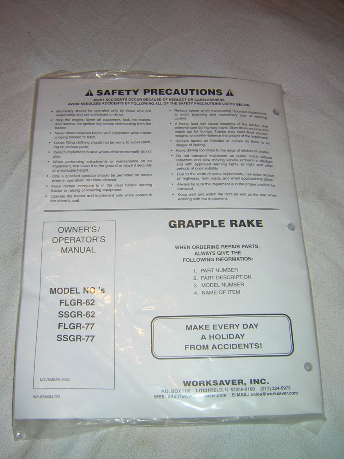 Worksaver Model FLGR-62 Grapple Rake for Skid Steer & Tractor Front Loader