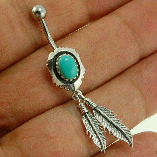 Native American Turquoise Belly Button Navel Ring, 316L Steel & Silver