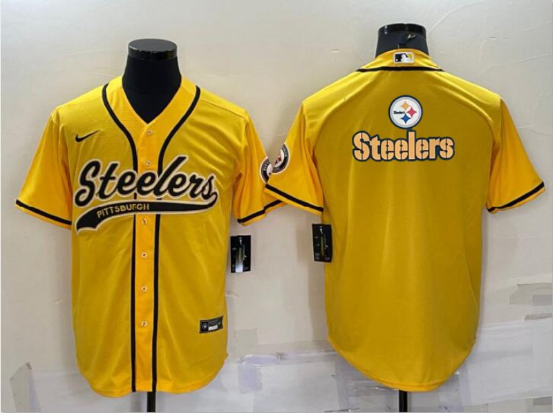 Pittsburgh Steelers Gold Team Big Logo With Patch Stitched Baseball Jersey