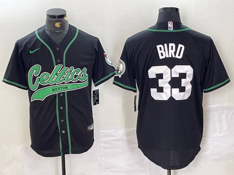Boston Celtics #33 Larry Bird Black With Patch Stitched Baseball Jersey