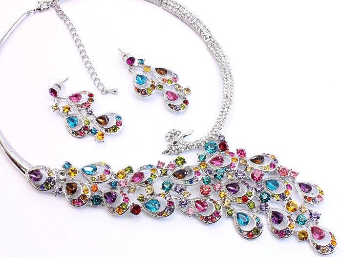 Swarovski Crystal Rhinestone Bib Statement Peacock Necklace Earring Set ...