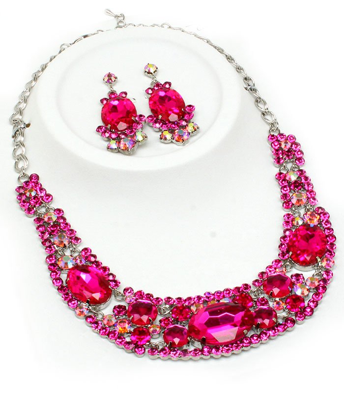 Chunky Hot Fushia Pink Crystal Rhinestone Statement Bib Necklace ...