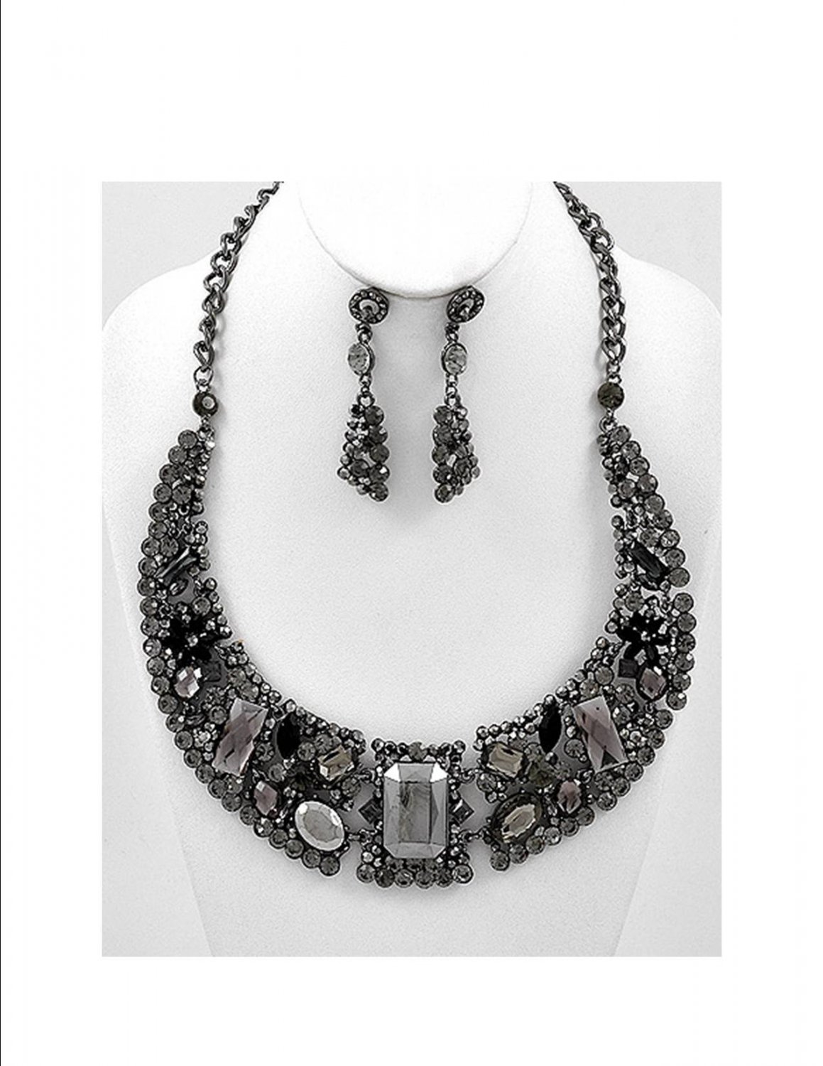 Chunky Hematite Black Crystal Rhinestone Statement Bib Necklace Earring ...