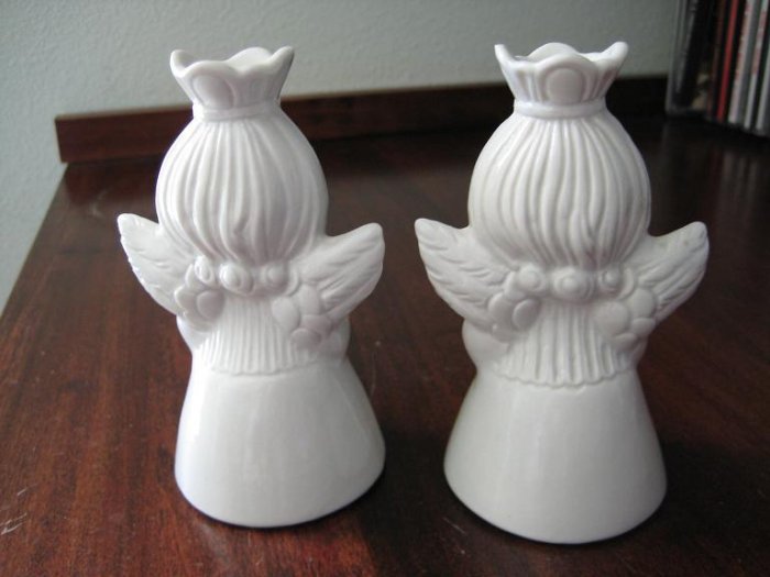 2 White Dresden Angels Candleholders - Crown Mark & N