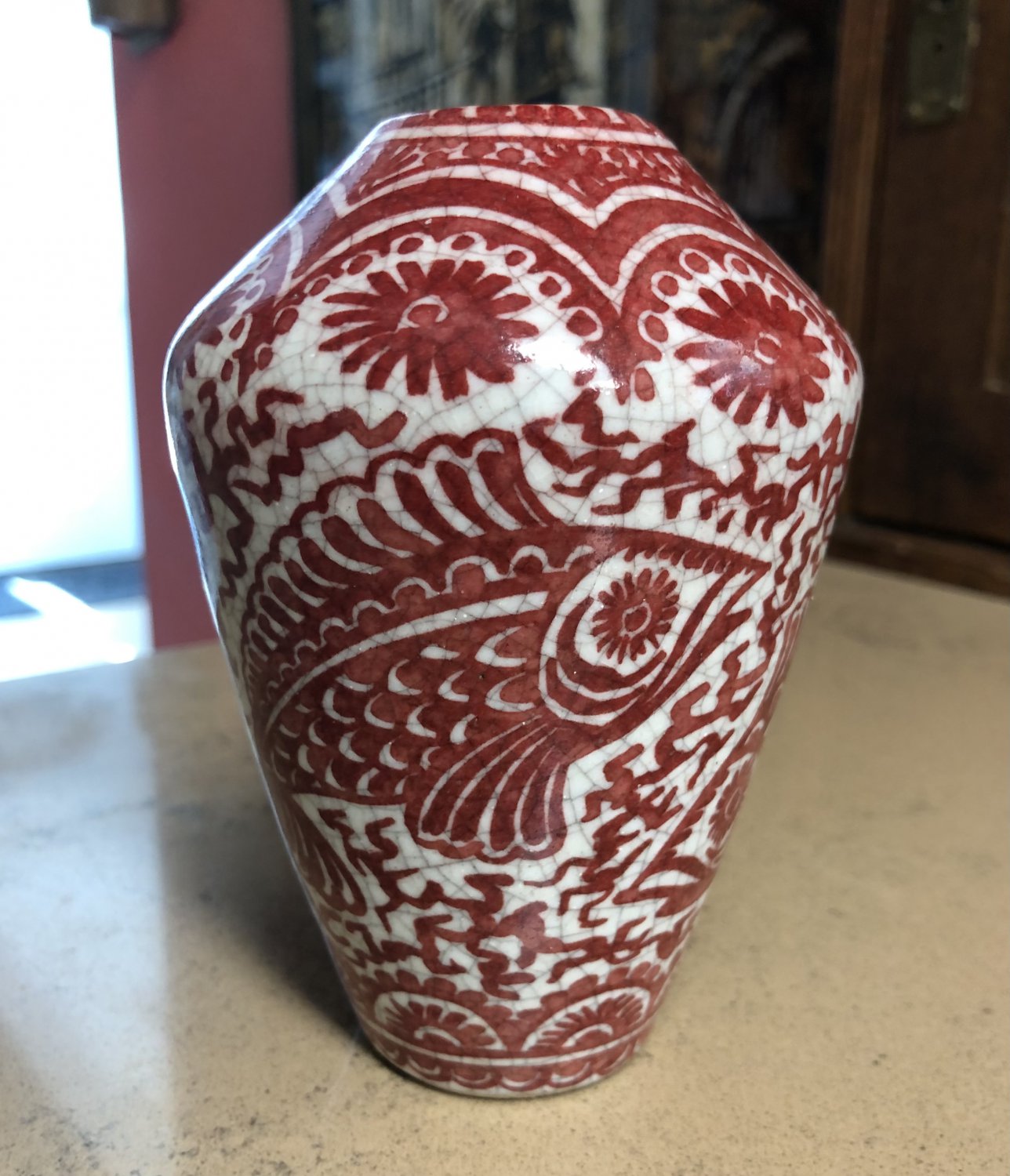 Royal Delft Porceleyne Fles Rood (Red Crackle) Craquele Vase with 3 Fish