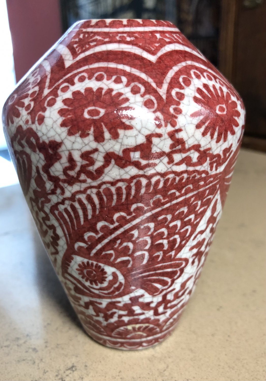 Royal Delft Porceleyne Fles Rood (Red Crackle) Craquele Vase with 3 Fish