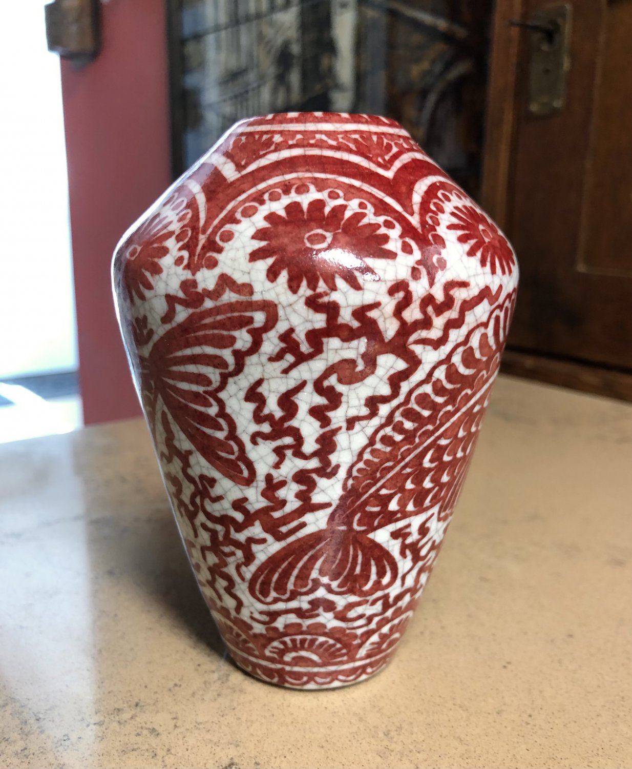 Royal Delft Porceleyne Fles Rood (Red Crackle) Craquele Vase with 3 Fish