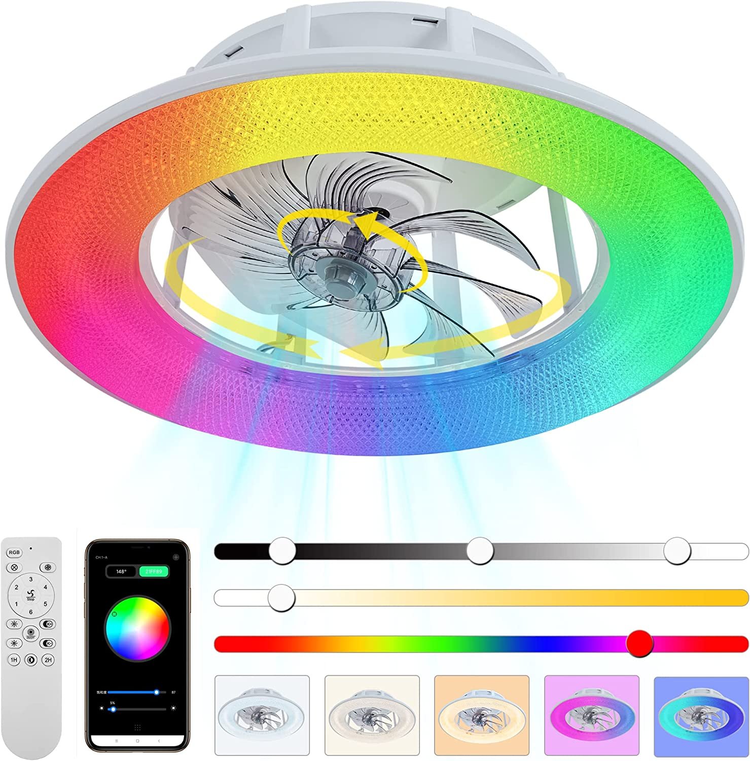 22" Bladeless Ceiling Fan with RGB Color Changing Lights, Low Profile ...