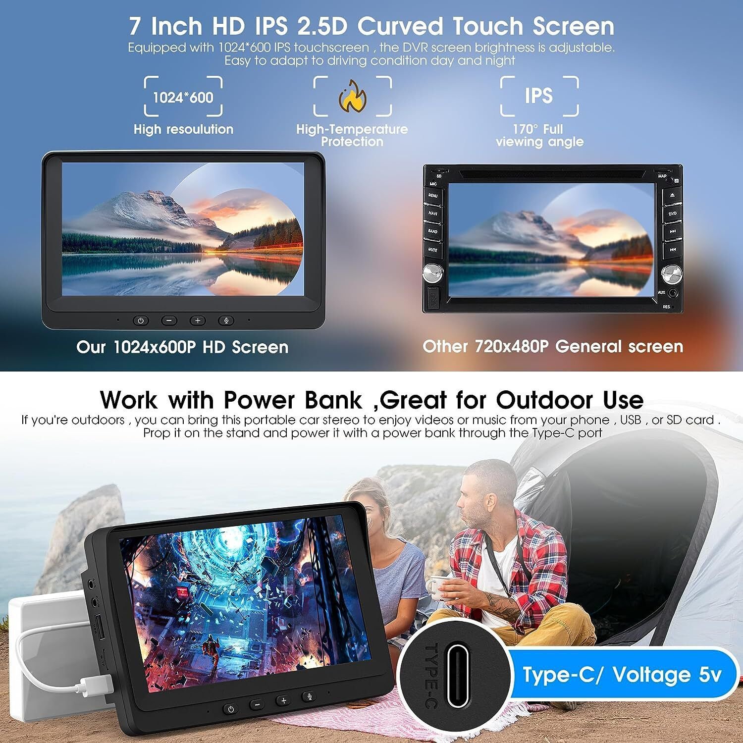 7-Inch Portable Car Stereo with Dash Cam, Apple Carplay and Android ...