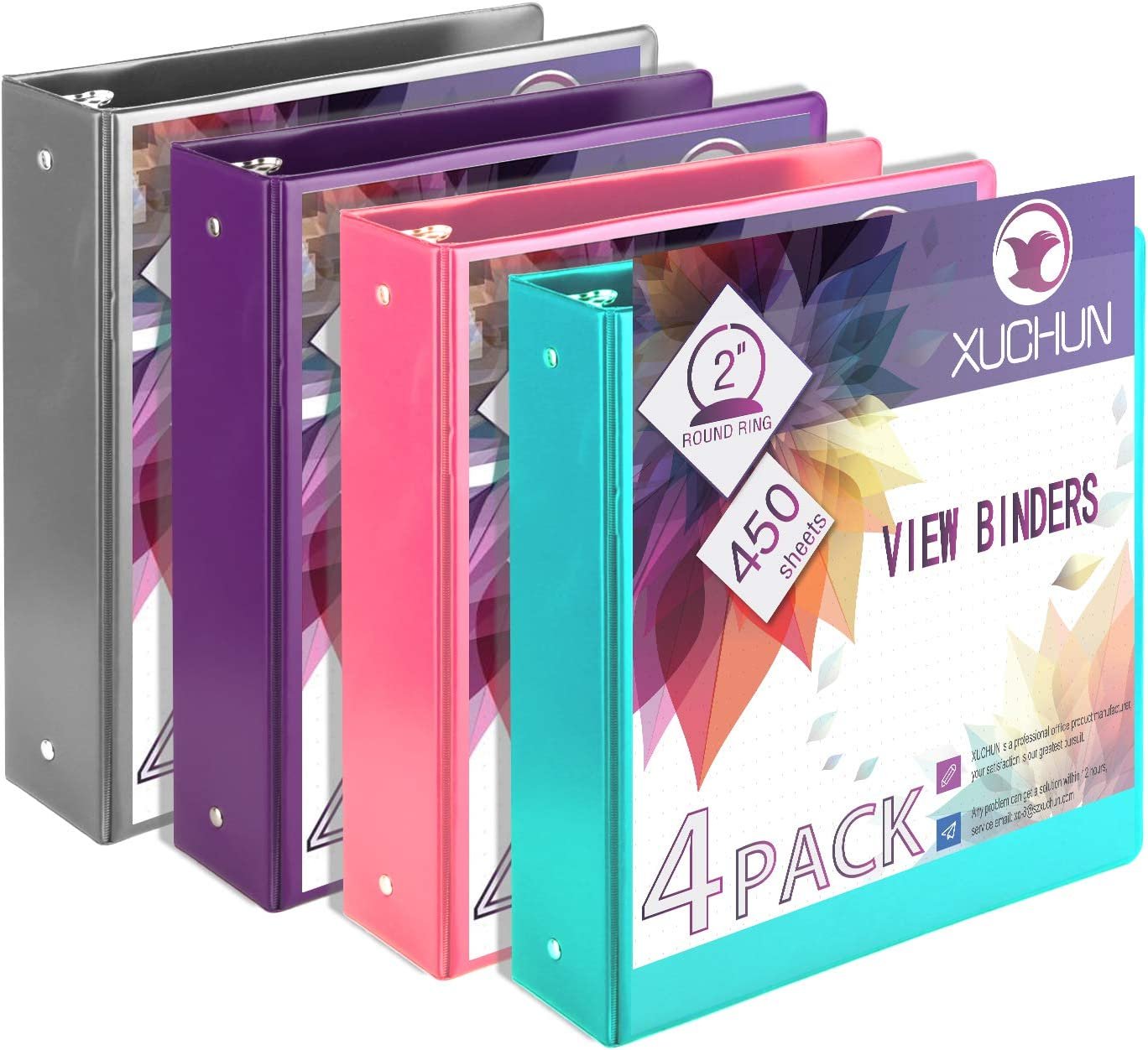 4Pack 2 Inch round 3 Ring Binder View Binders with 2 Pockets,Holds 450 ...