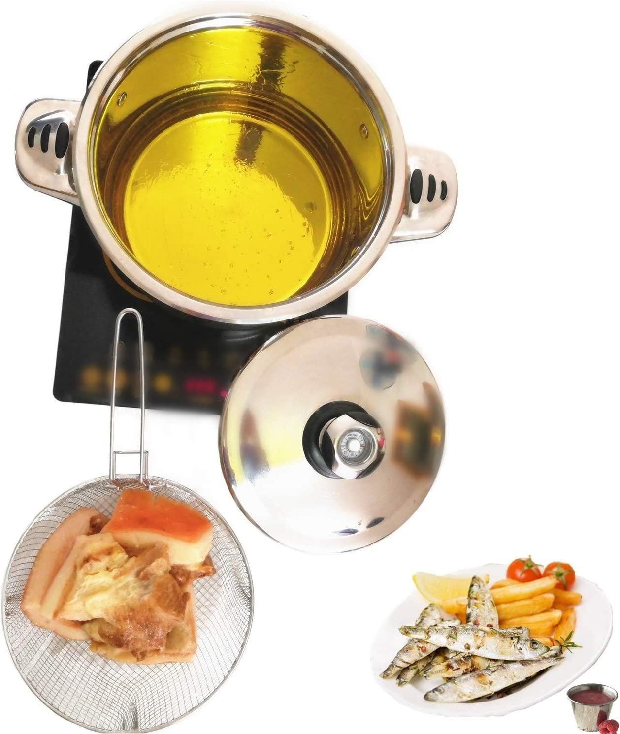 6QT Deep Fryer Set Stainless Steel Deep Fry Basket & 3-Ply Deep Frying ...
