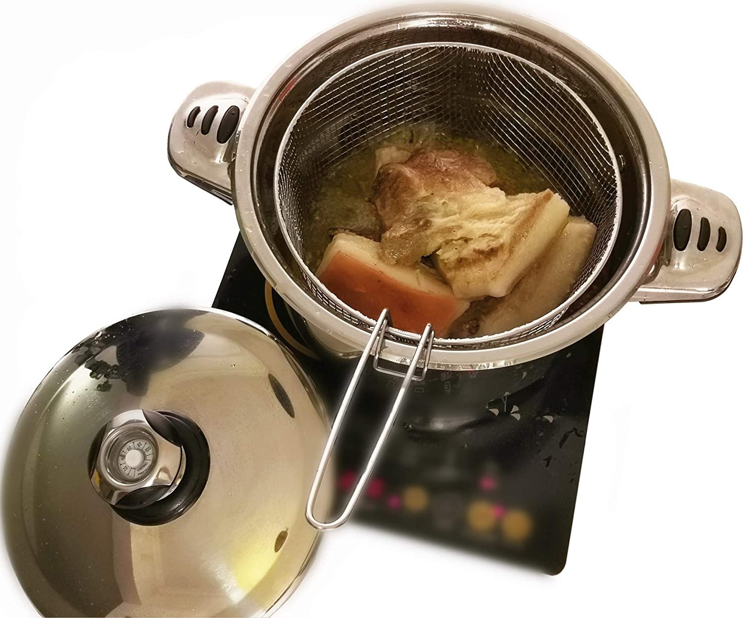 6QT Deep Fryer Set Stainless Steel Deep Fry Basket & 3-Ply Deep Frying ...