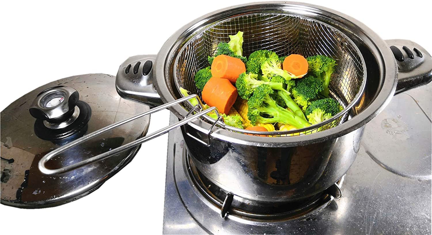 6QT Deep Fryer Set Stainless Steel Deep Fry Basket & 3-Ply Deep Frying ...