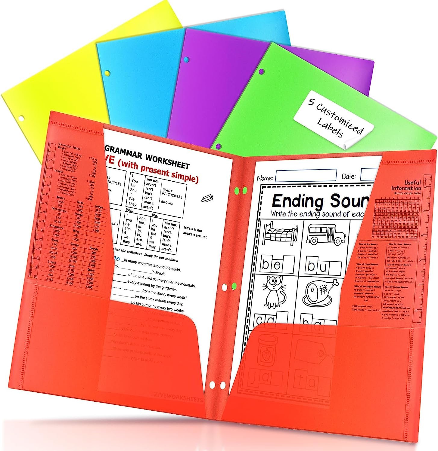 Plastic 3 Hole Punch Folders with Reference Guide, 5 Pack Heavy Duty 4 ...