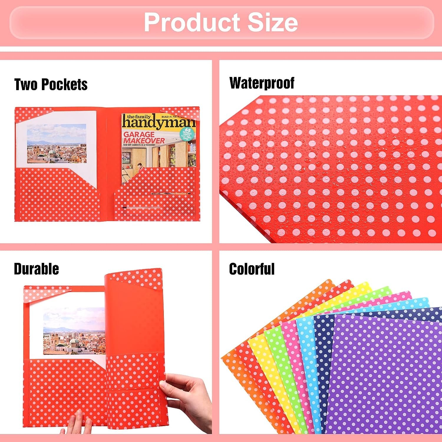 8 Pack Plastic Pocket Folder, Dotted Folders with 4 Pockets for Office ...