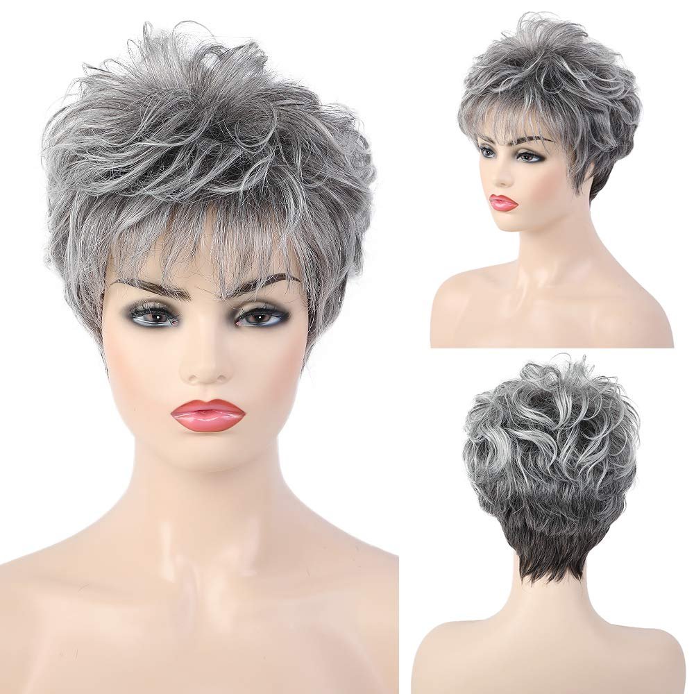 Short Curly Gray Wigs for Women Pixie Cut Wig Grey Easy-Care Human Hair ...