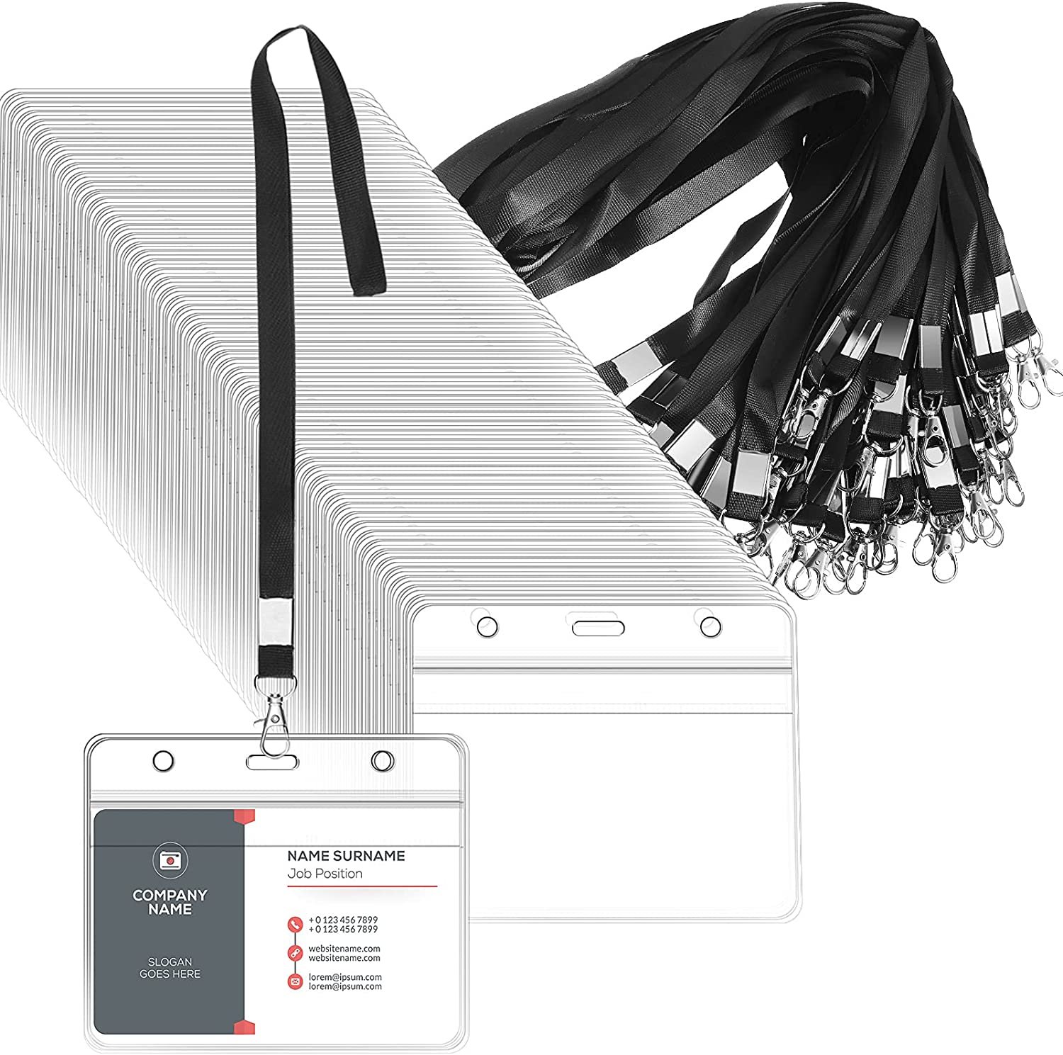 100 Pieces Clear Name Tags with Lanyard, Horizontal Name Badges Holder ...