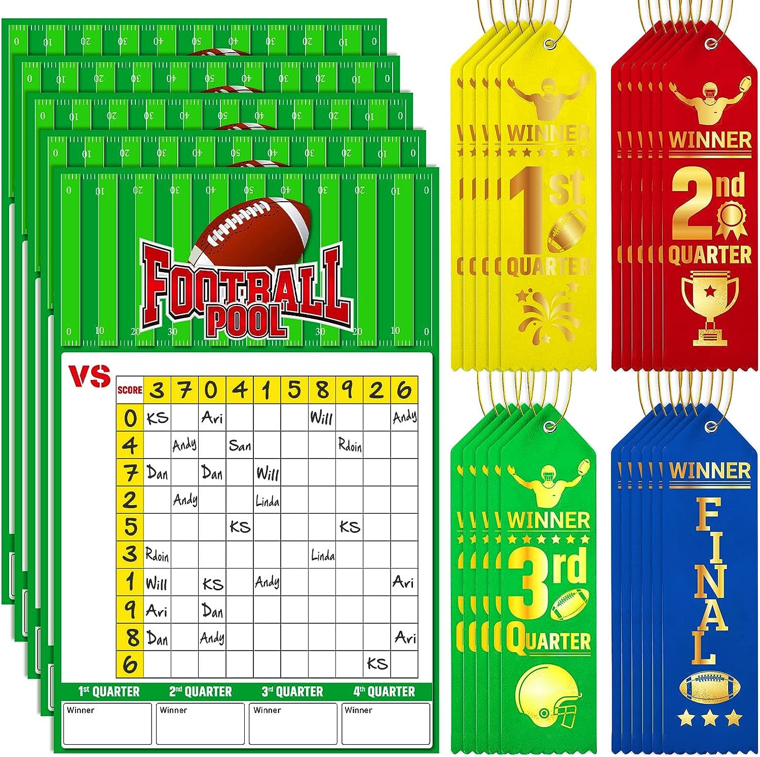 5 Sheet Football Pool Board 20 Pcs Award Ribbons with Card 18" X 27 1/2 ...