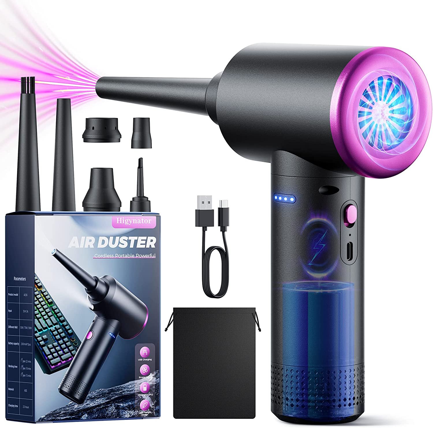 Compressed Air Duster - 3 Gear Adjustable 100000RPM Electric Air Duster ...