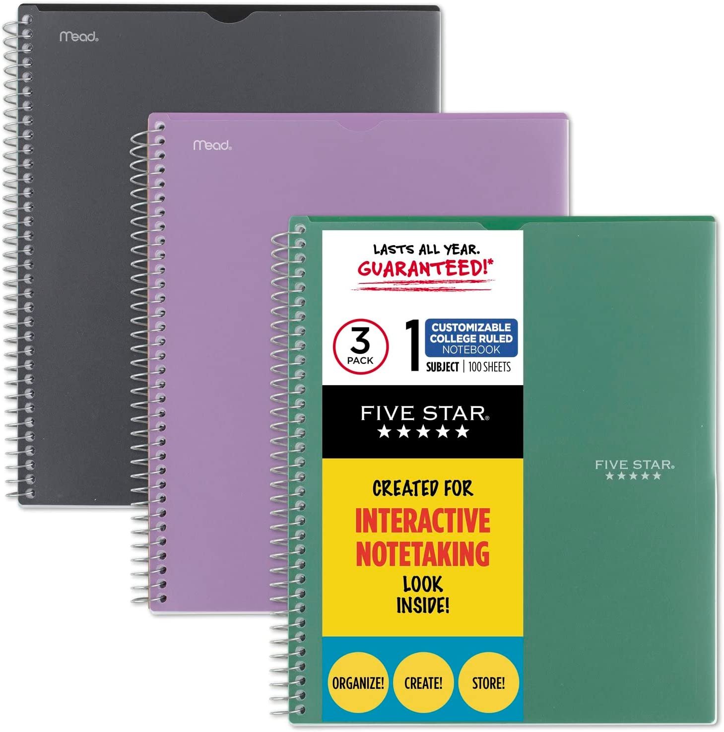 Five Star Interactive Notetaking Spiral Notebooks, 3 Pack, 1 Subject ...