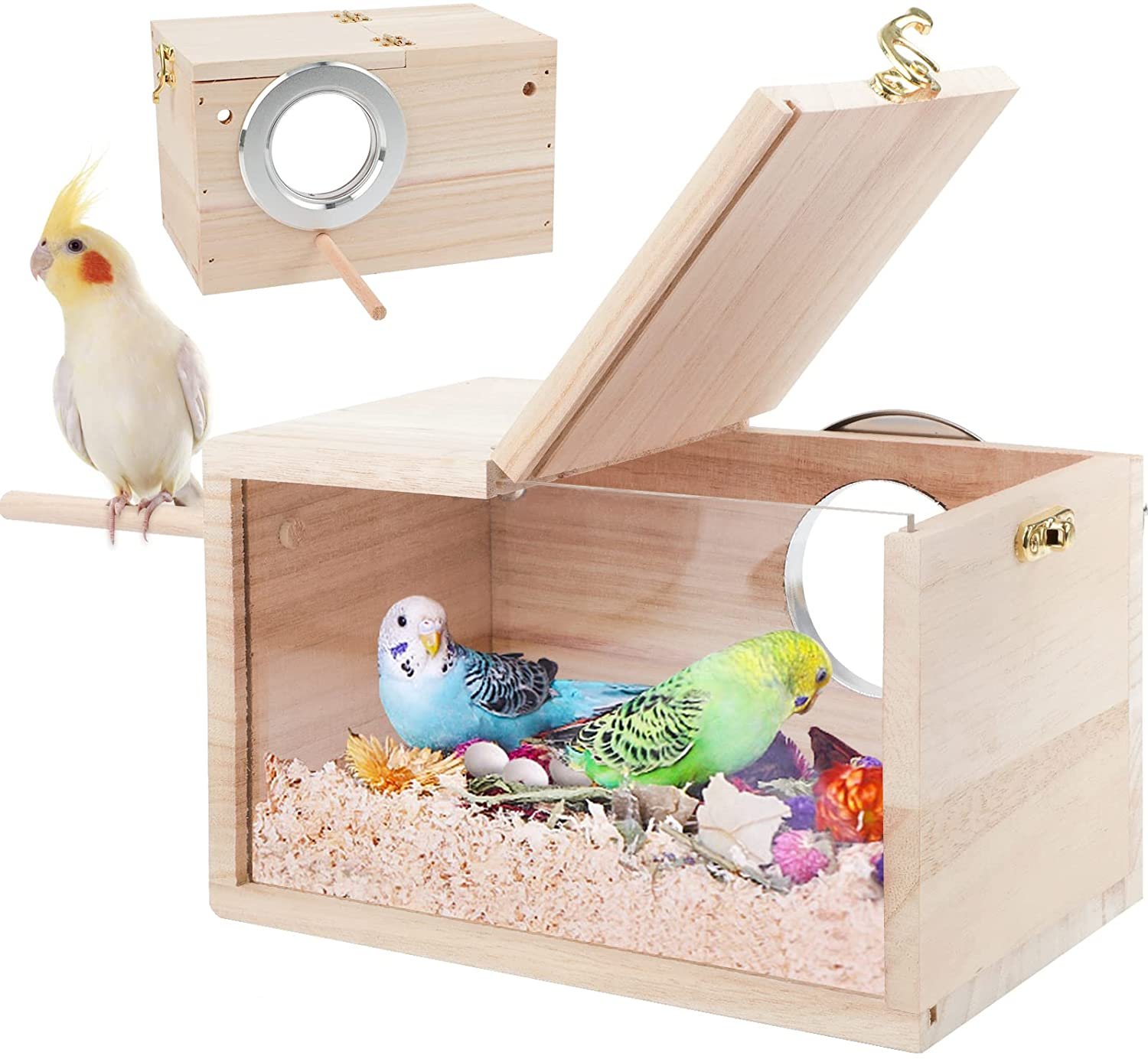 Parakeet Nesting Box Transparent Design, Bird Nest Breeding Box with Perch Wood