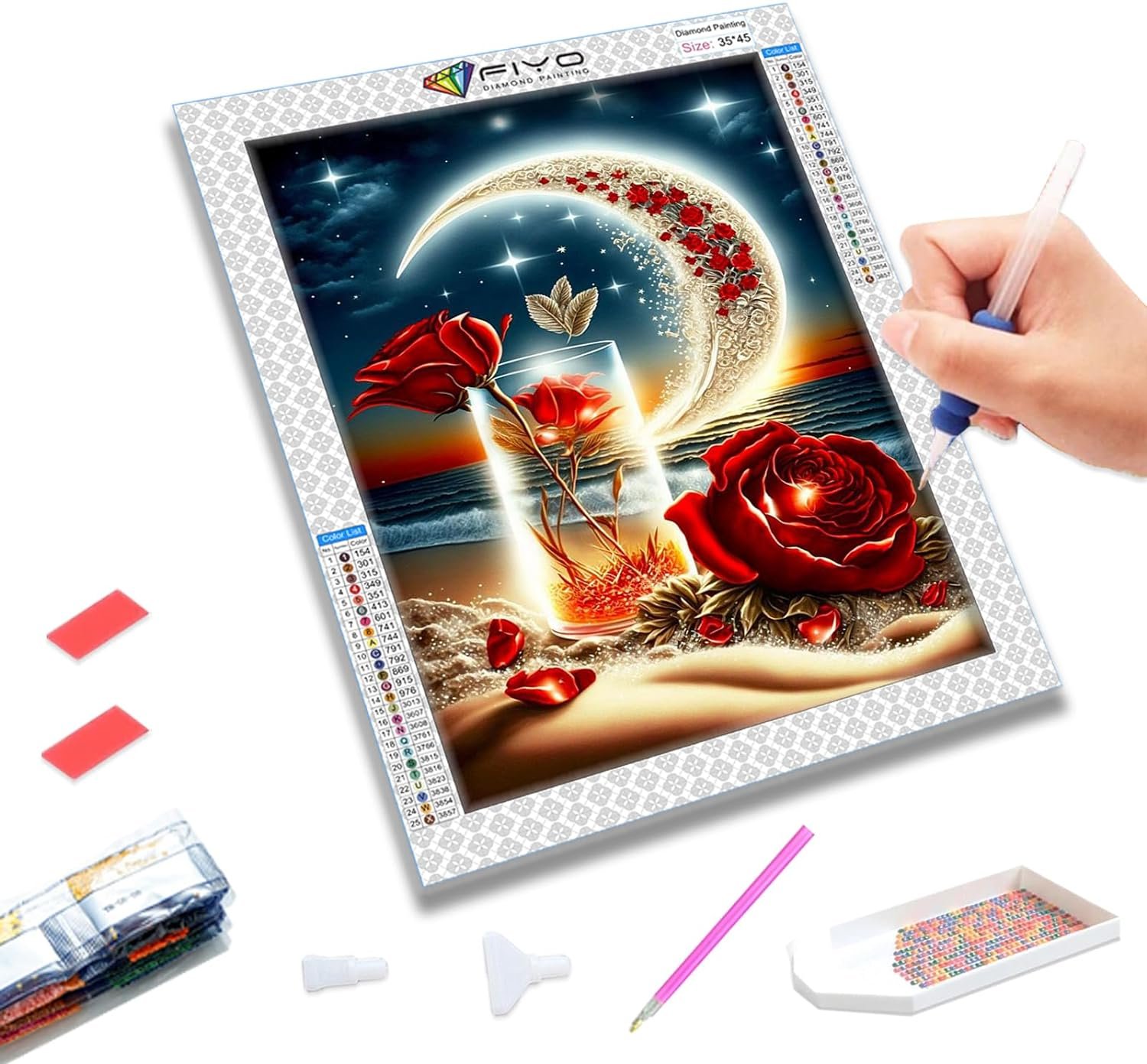 5D Diamond Art Painting Kit, Moon Red Rose DIY 5D Full Drill Diamond ...
